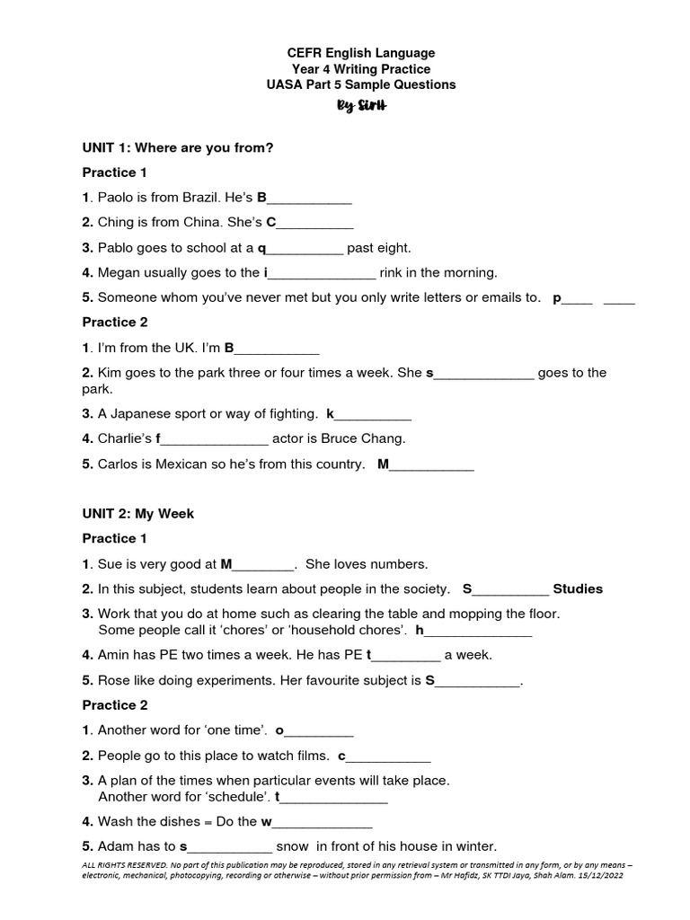 Year 4 UASA English Writing Practice | PDF