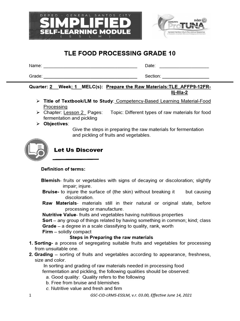 G10 Q2 W1 Sslm Food Processing10 Q2 W1 Pdf Vegetables Weight