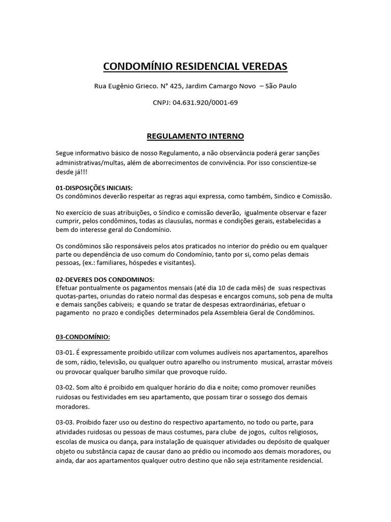 Regulamento Interno | PDF | Condomínio