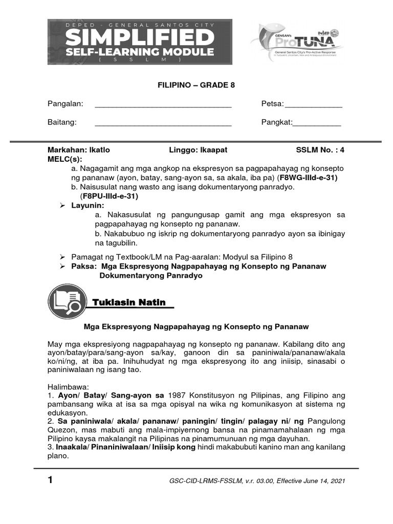 FIL 8 Q3 SSLM Linggo 4 | PDF