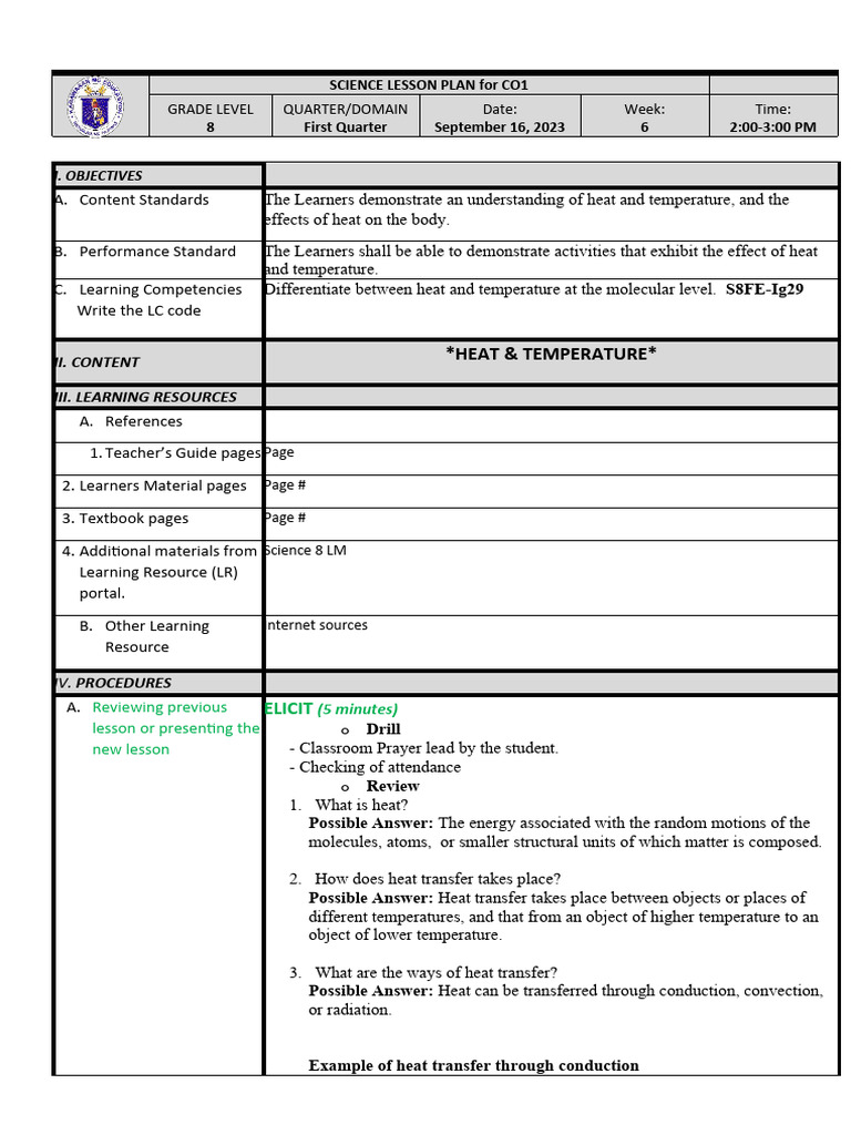Science 8 Lesson Plan - Heat and Temperature | PDF | Temperature ...