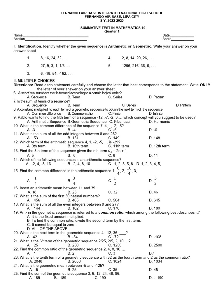Summative Test - Sequence | PDF | Summation | Sequence