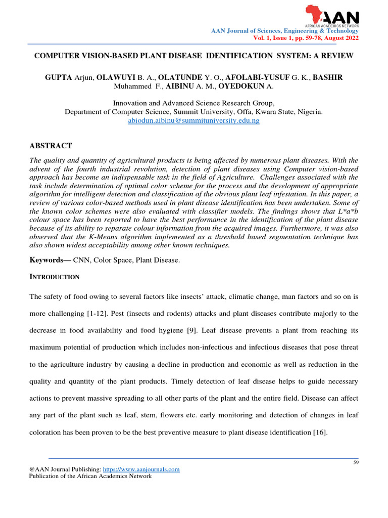 Computer Vision-Based Plant Disease Identification System A Review PDF ...