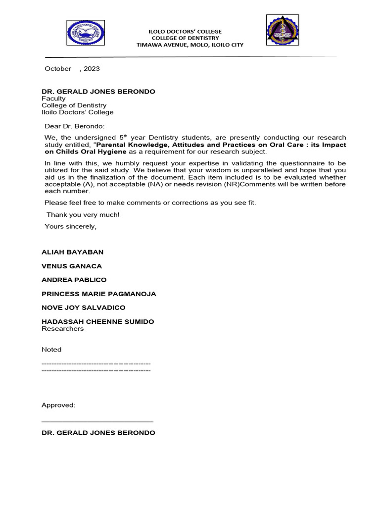 Letter For Validation With Instrument | PDF | Toothbrush | Dentistry