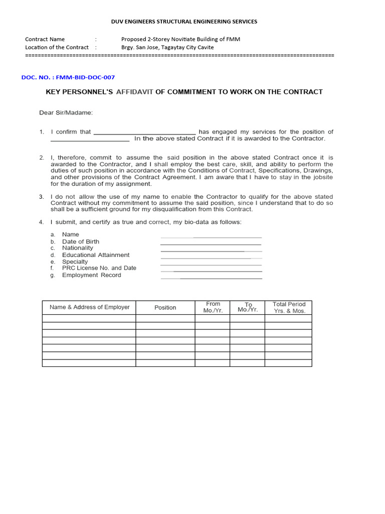 FMM-BID-DOC-007 - Key Personnels Affidavit of Commitment To Work On The Contract - R0 | PDF ...
