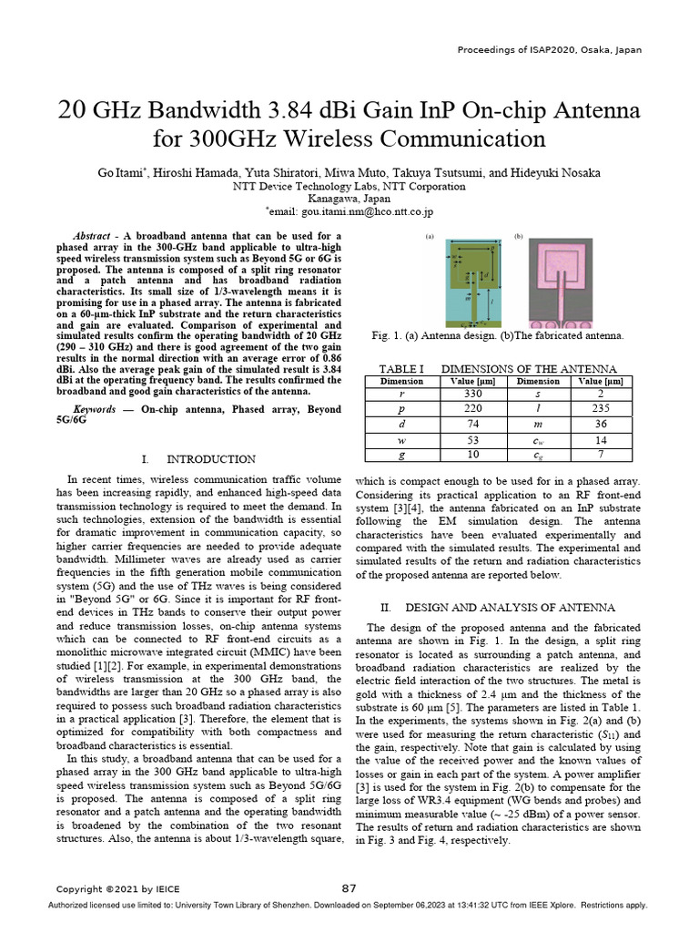 20 GHZ Bandwidth 3.84 Dbi Gain InP On-Chip Antenna For 300GHz Wireless ...