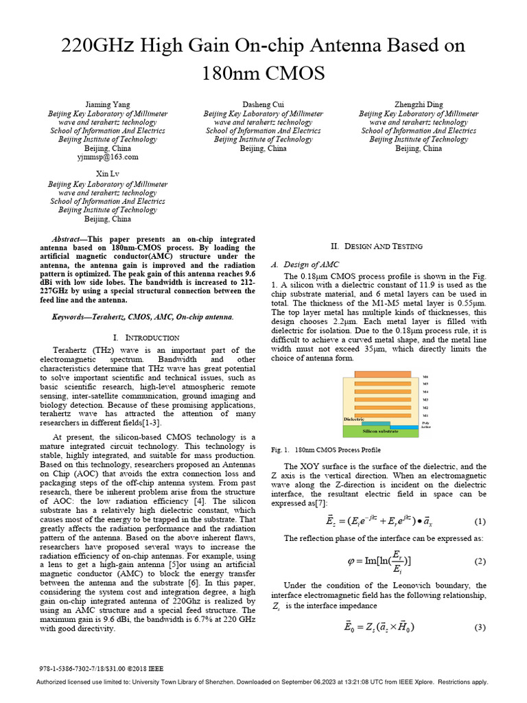 220GHz High Gain On-Chip Antenna Based On 180nm CMOS | PDF | Antenna ...