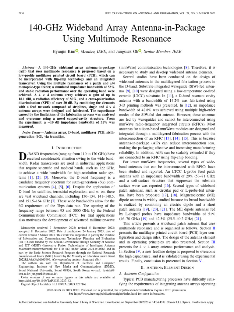 140-GHz Wideband Array Antenna-in-Package Using Multimode Resonance | PDF | Antenna (Radio ...