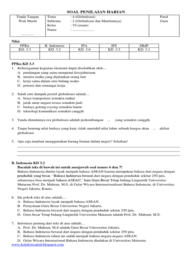 Soal Penilaian Harian Kelas 6 Tema 4 Subtema 2 | PDF