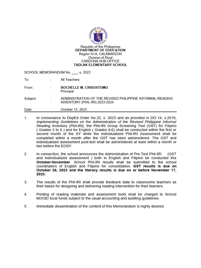 Administration of Phil-Iri MEmo | PDF