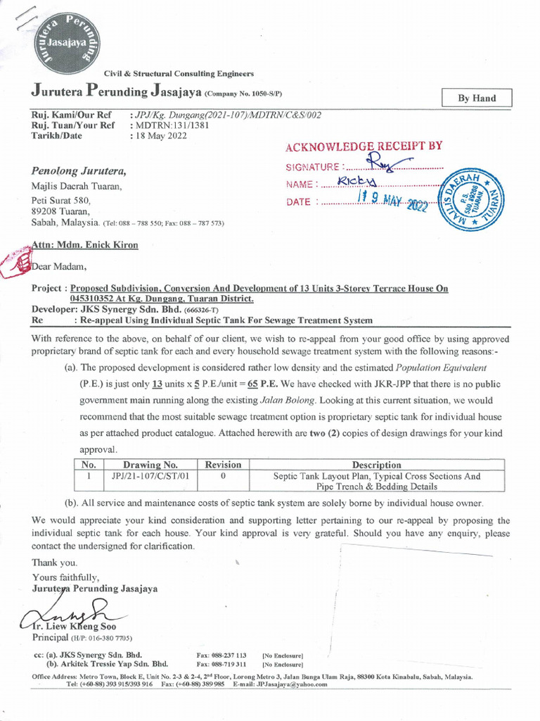 Dungang - Letter To MDTuaran About Septic Tank | PDF