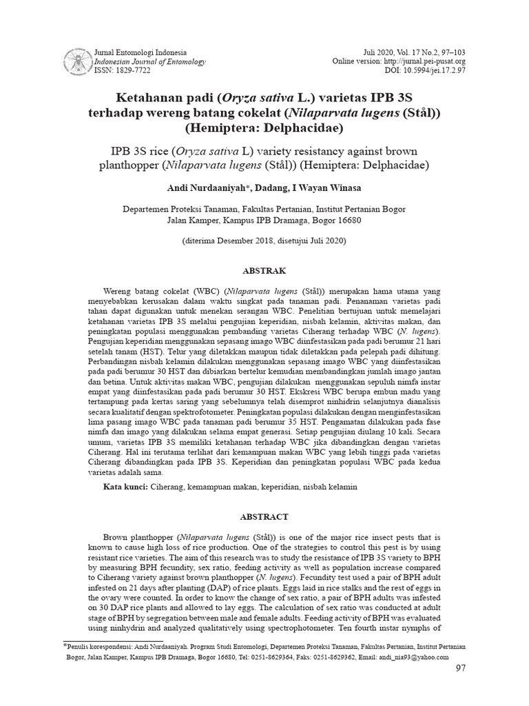 Andi Nurdaaniyah - Ketahanan Padi (Oryza Sativa L.) Varietas IPB 3S | PDF
