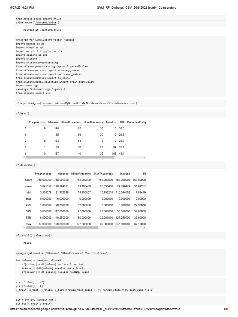 SVM - RF - Diabetes - CSV - 26 - 6 - 2023.ipynb - Colaboratory | PDF ... SVM - RF - Diabetes - CSV - 26 - 6 - 2023.ipynb - Colaboratory | PDF ...