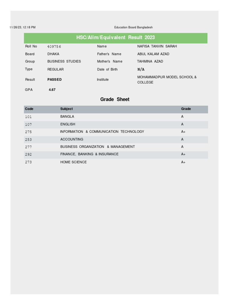 HSC/Alim/Equivalent Result 2023: Grade Sheet | PDF