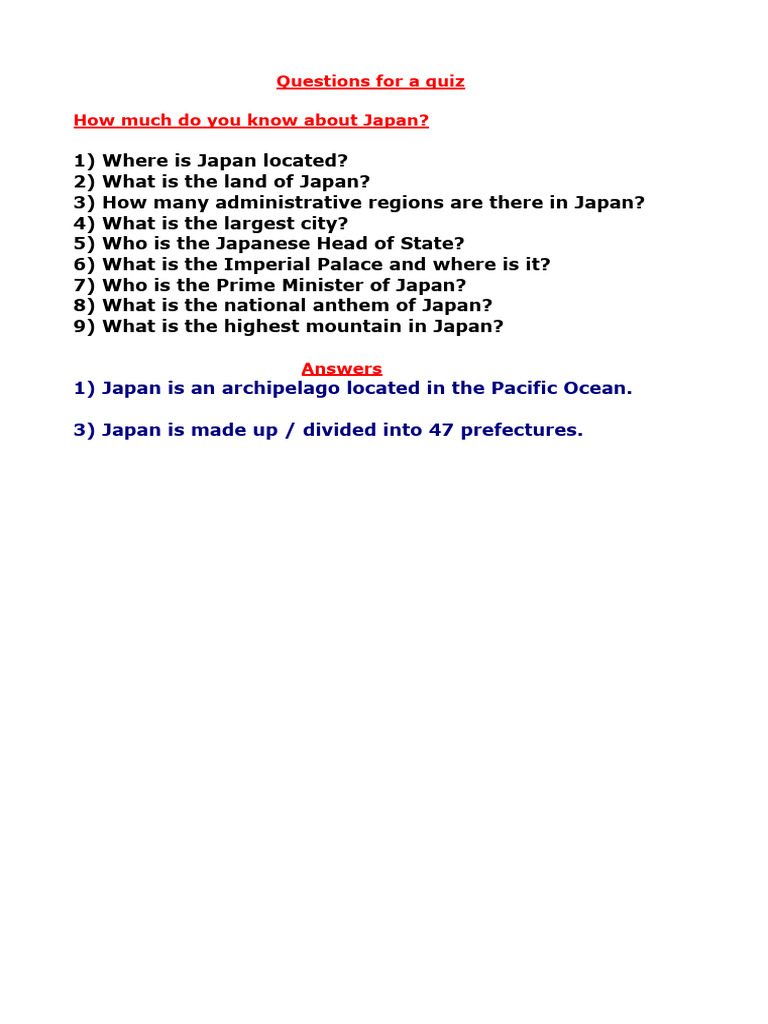 A Quiz On Japan | PDF | Politics | Foreign Language Studies