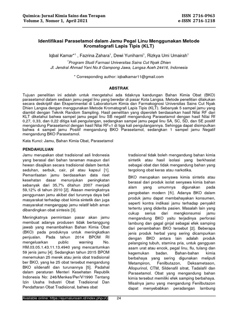 Identifikasi Parasetamol dalam Jamu | PDF | Kesehatan Holistik | Sains ...