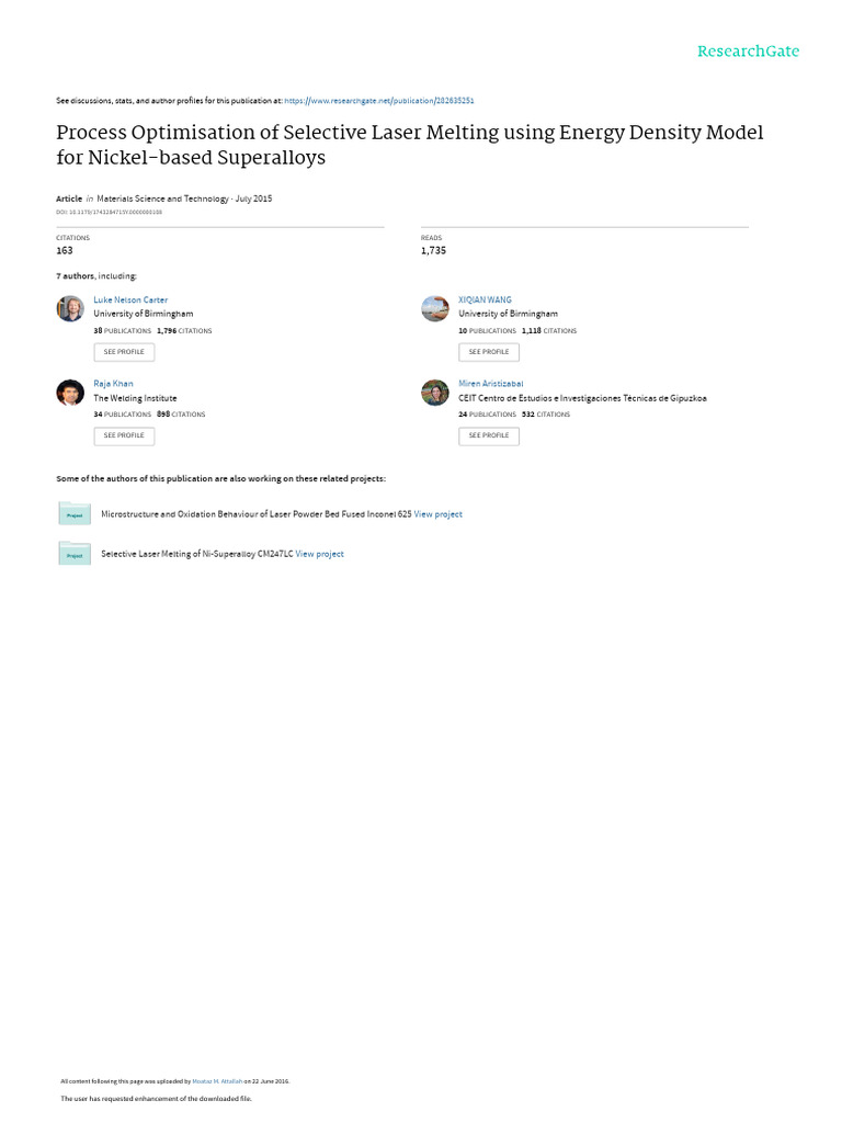 Process Optimisation of Selective Laser Melting Using Energy Density Model For Nickel Based ...