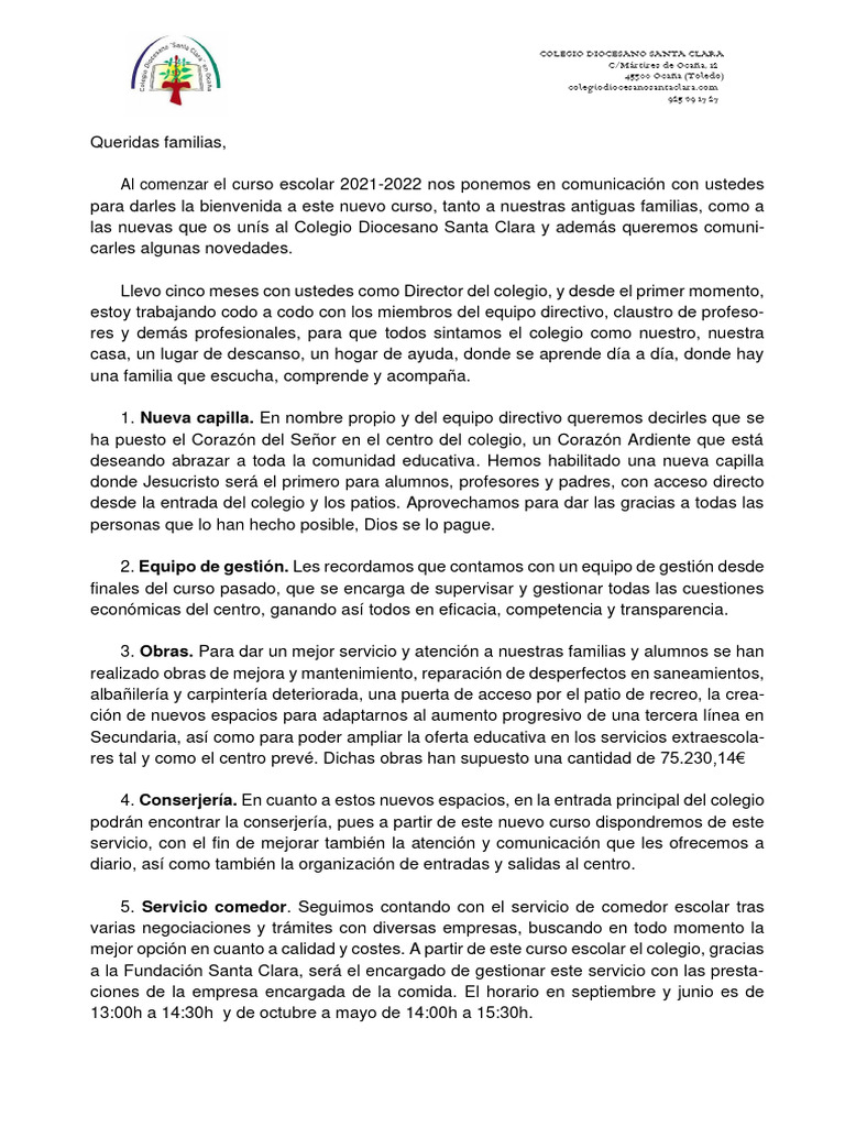 Carta A Las Familias Inicio de Curso 21 - 22 CDSC | PDF | Educación ...