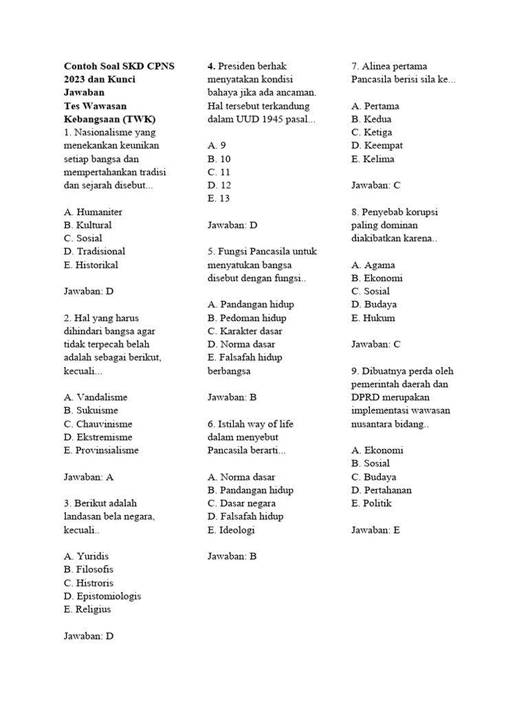 Contoh Soal SKD CPNS 2023 Dan Kunci Jawaban | PDF