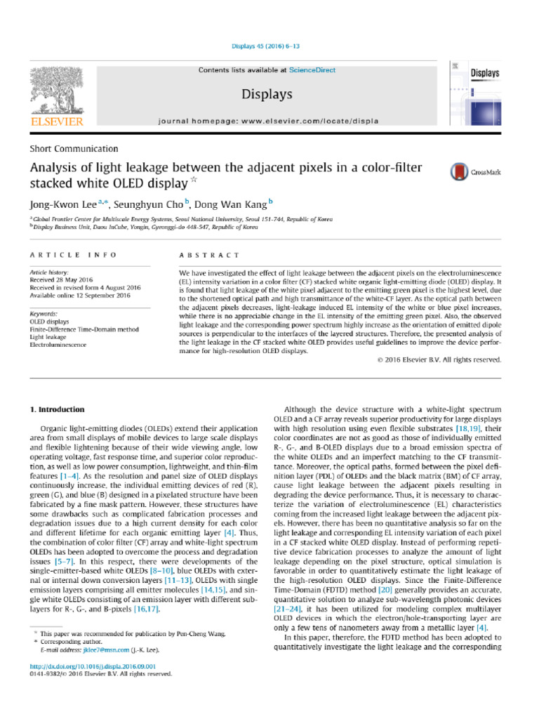 Analysis of Light Leakage Between The Adjacent Pixels | PDF