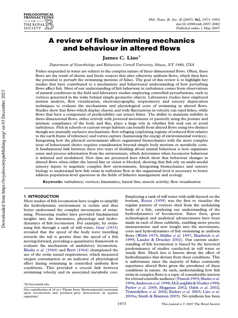 Liao 2007 A Review of Fish Swimming Mechanics and Behaviour in Altered Flows | PDF | Fluid ...