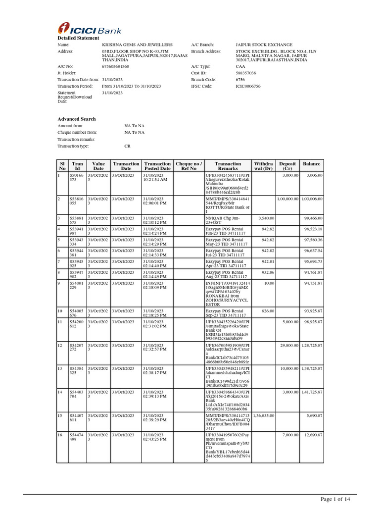 DetailedStatement - 2023-10-31T195940.270 | PDF | Payments | Banking Technology