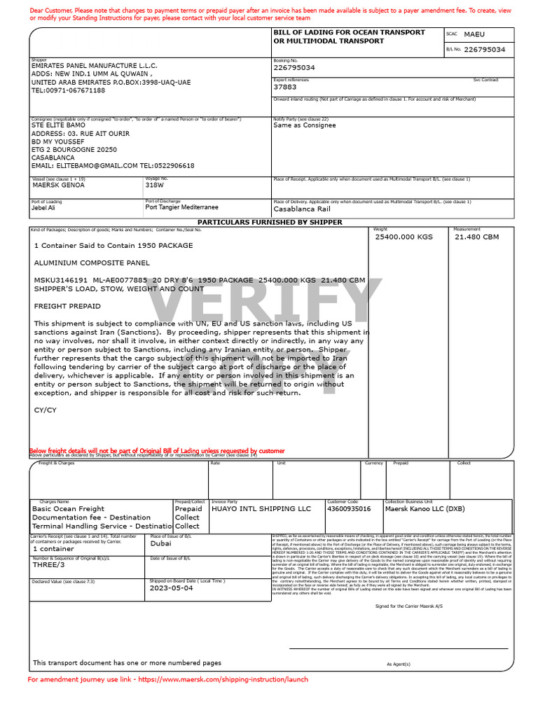 Verify Copy: Bill of Lading For Ocean Transport or Multimodal Transport ...