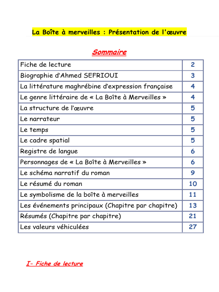 Analyse de "La Boîte à merveilles" | PDF | Romans | le Maghreb
