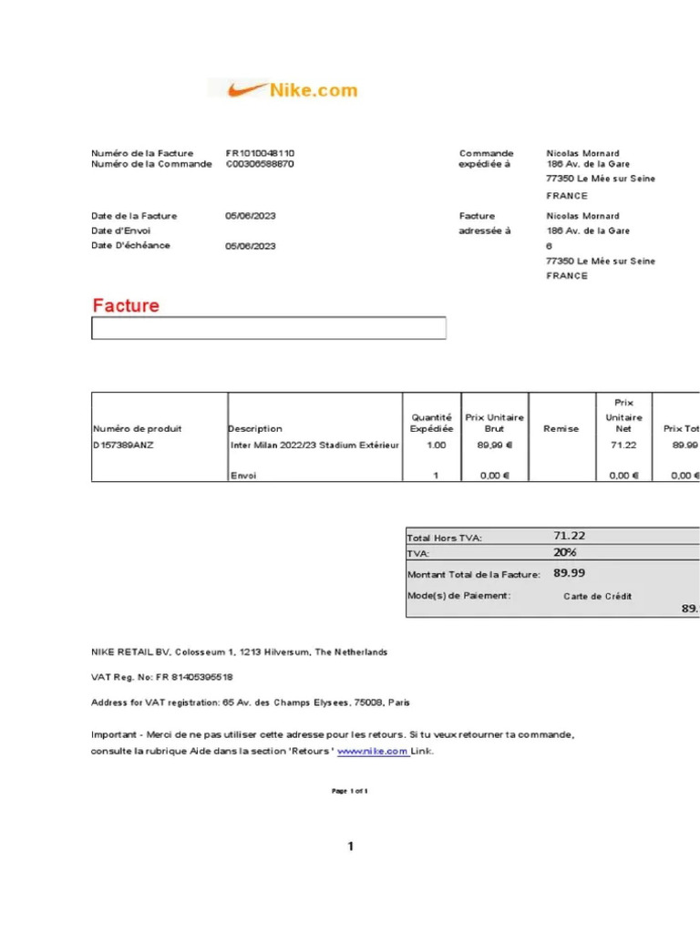 Facture Nike PDF | PDF