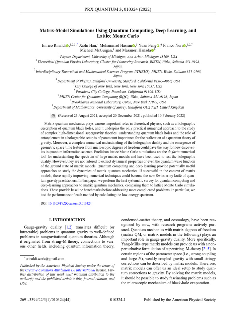 Matrix-Model Simulations Using Quantum Computing, Deep Learning, and Lattice Monte Carlo | PDF ...