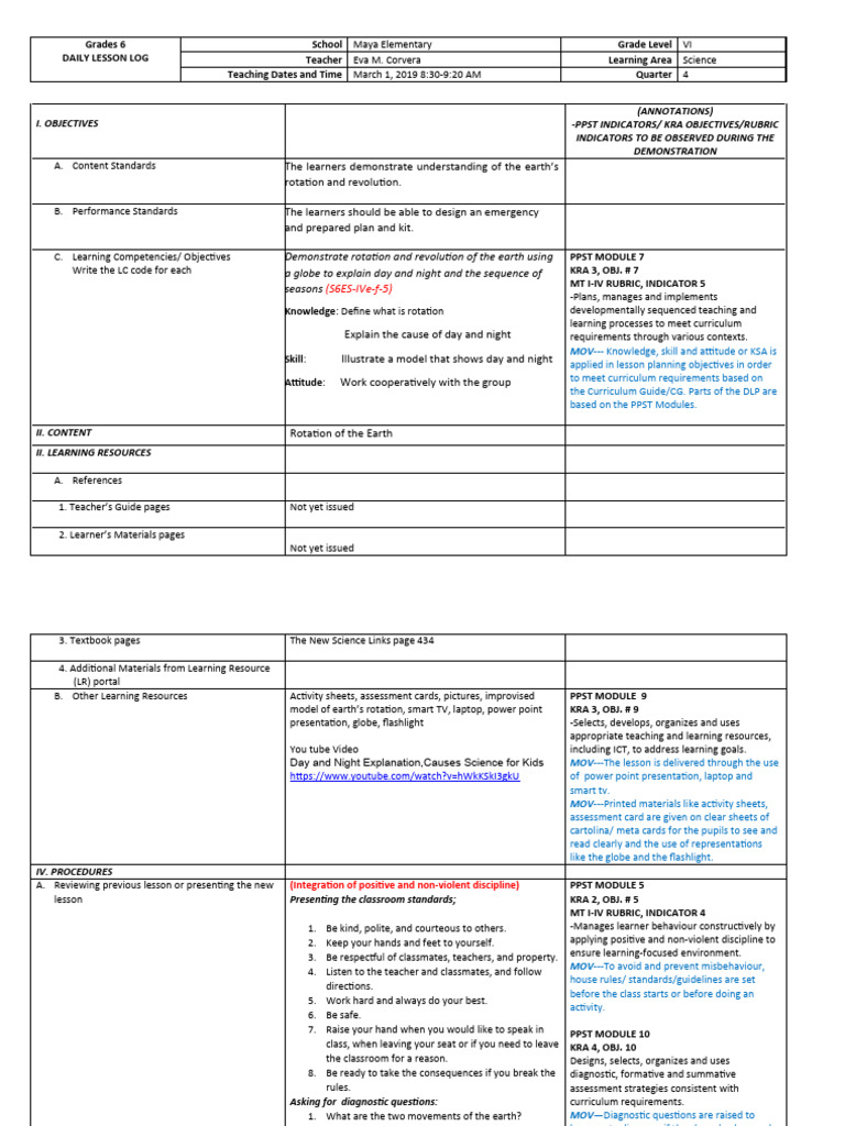Cot DLP-Q4 Science 6-Earth's Rotation-Eva | PDF | Educational Assessment | Curriculum