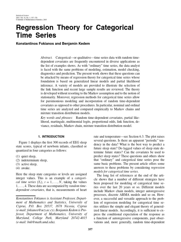 Regression Theory For Categorical Time Series: Konstantinos Fokianos and Benjamin Kedem ...