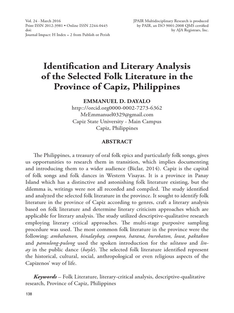 Identificationand Literary Analysisofthe Selected Folk Literatureinthe Provinceof Capiz ...