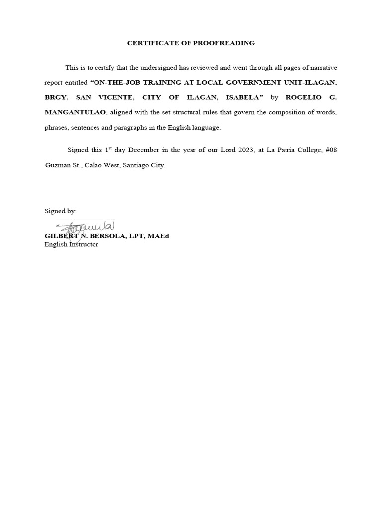 Certificate of Proofreading for Report | PDF