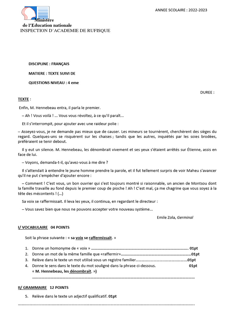 Analyse de Texte et Questions en Français 4ème | PDF | Phrase ...
