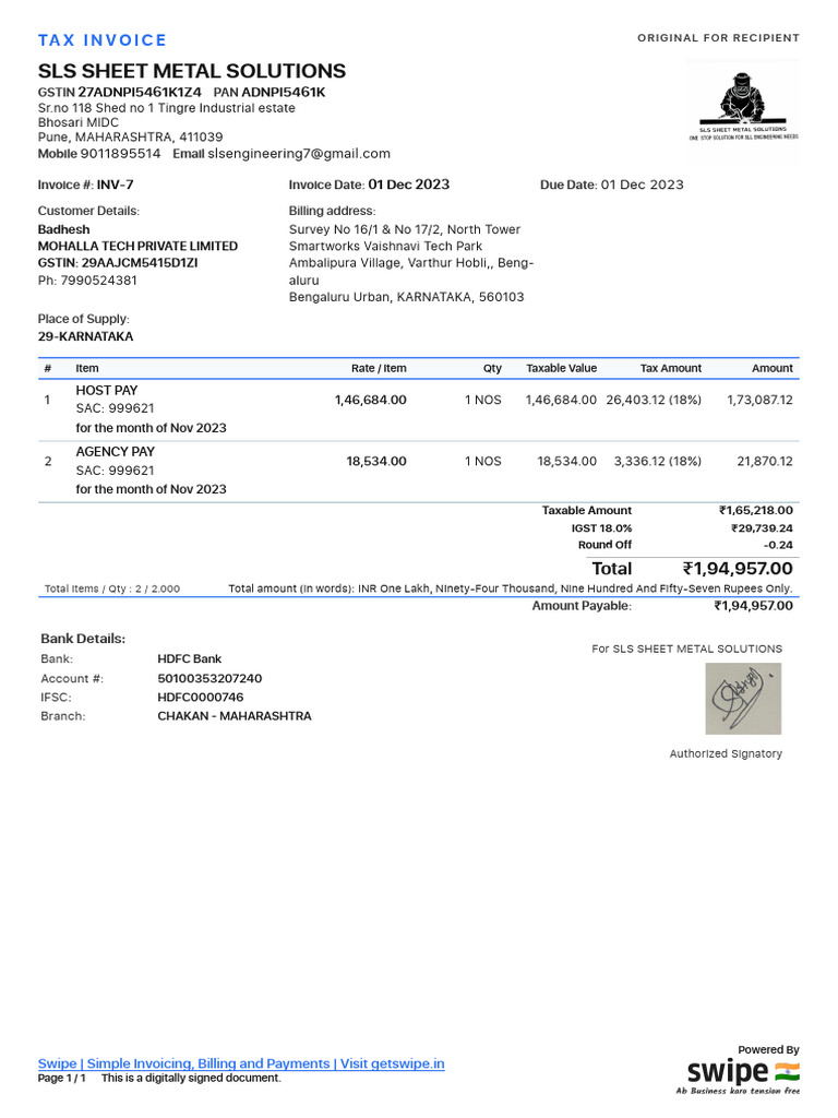 Sls Sheet Metal Solutions: Tax Invoice | PDF | Accounts Payable ...