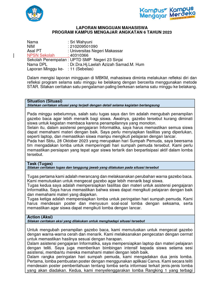 Laporan Minggu 11 Sri Wahyuni KM 6 | PDF | Ilmu Sosial
