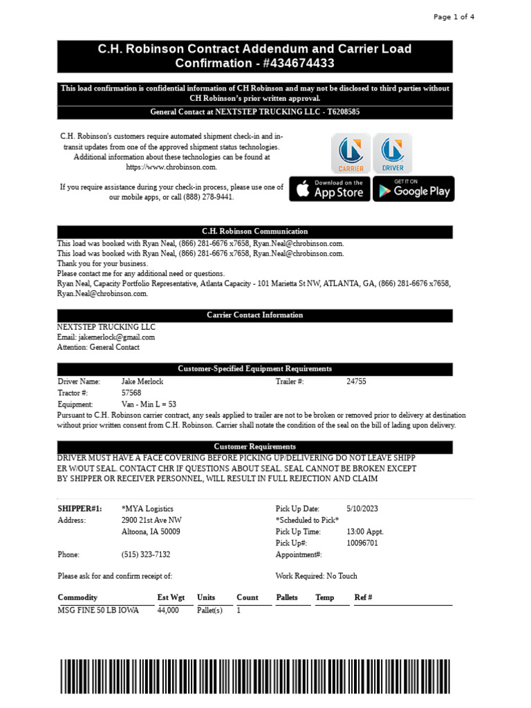 C.H. Robinson Contract Addendum and Carrier Load Confirmation - #434674433 | PDF | Cargo | Bill ...