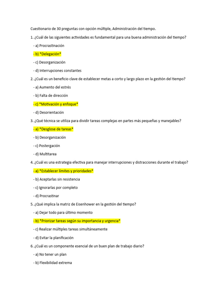 Cuestionario de 30 Preguntas Con Opción Múltiple | PDF | Gestión del tiempo | Habilidades ...