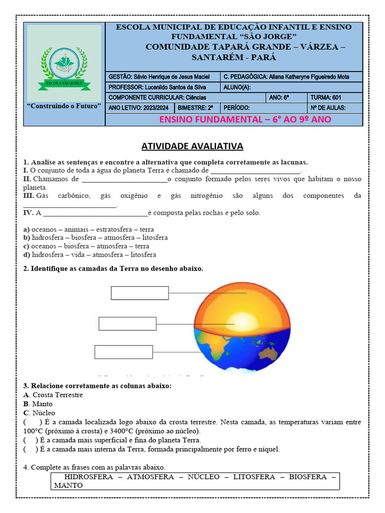 Atividade Avaliativa - Estrutura Da Terra | PDF | Terra | Crosta (Geologia)