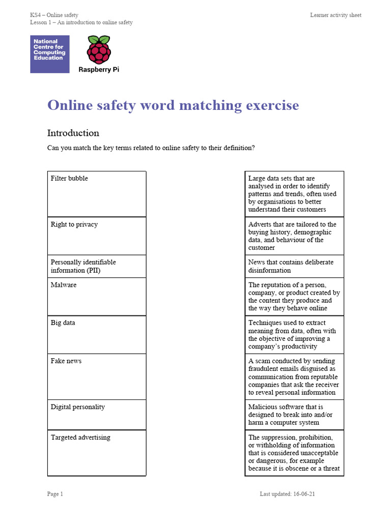 A0 Worksheet - Word Matching Exercise | PDF | Malware | Phishing A0 Worksheet - Word Matching Exercise | PDF | Malware | Phishing