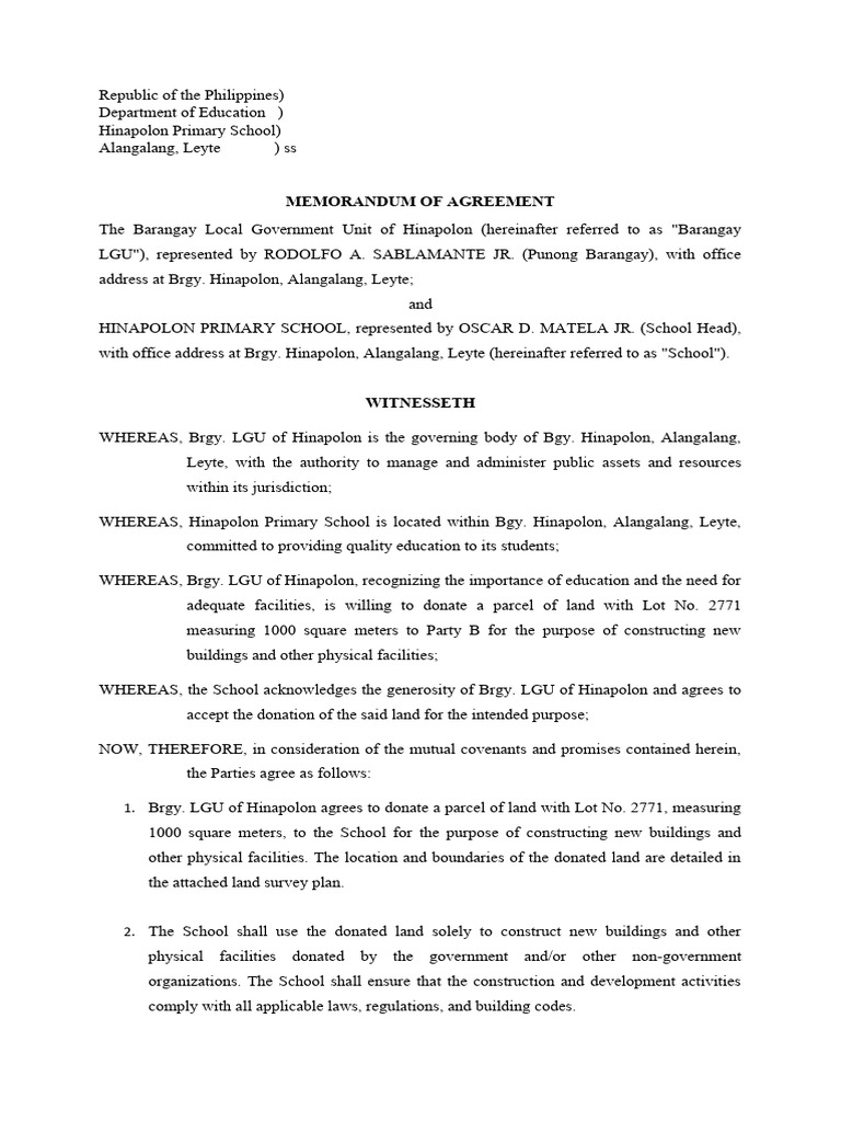 MOA-Donation of Parcel of Land | PDF | Government | Justice