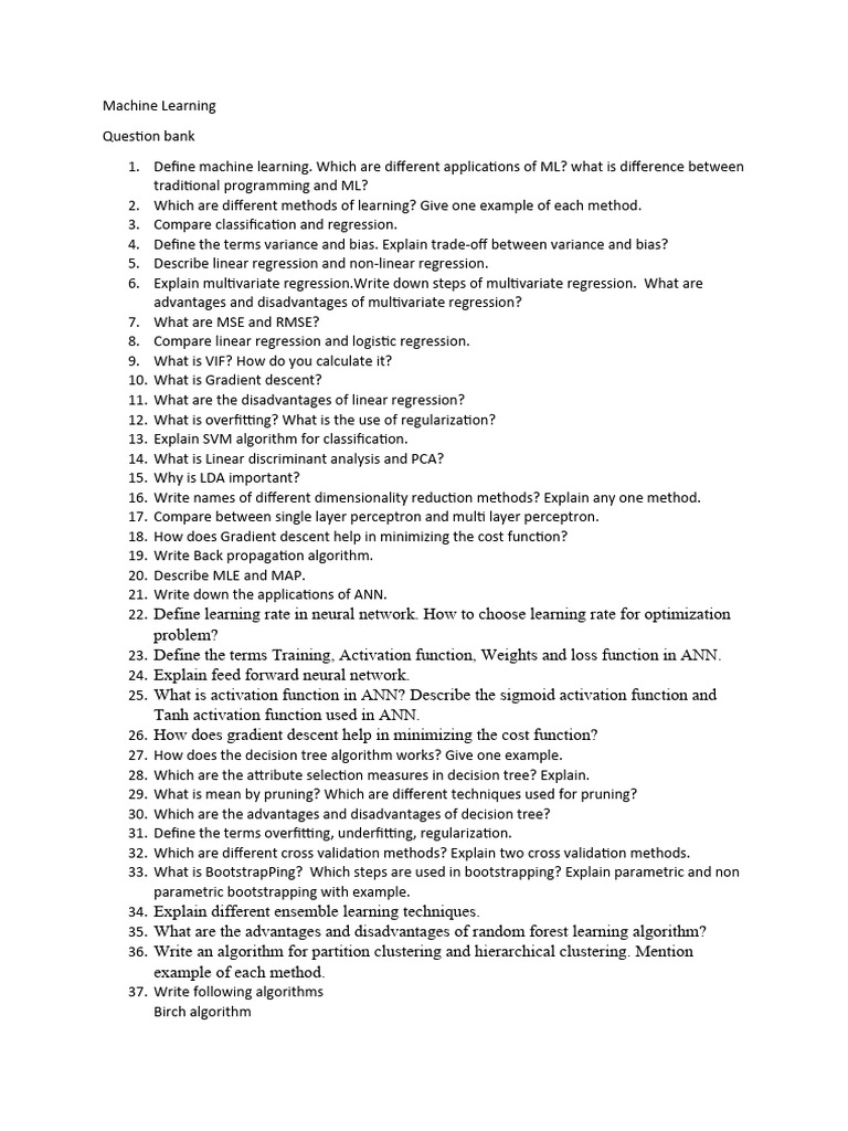 Question Bank - Machine Learning | PDF | Machine Learning | Regression ...