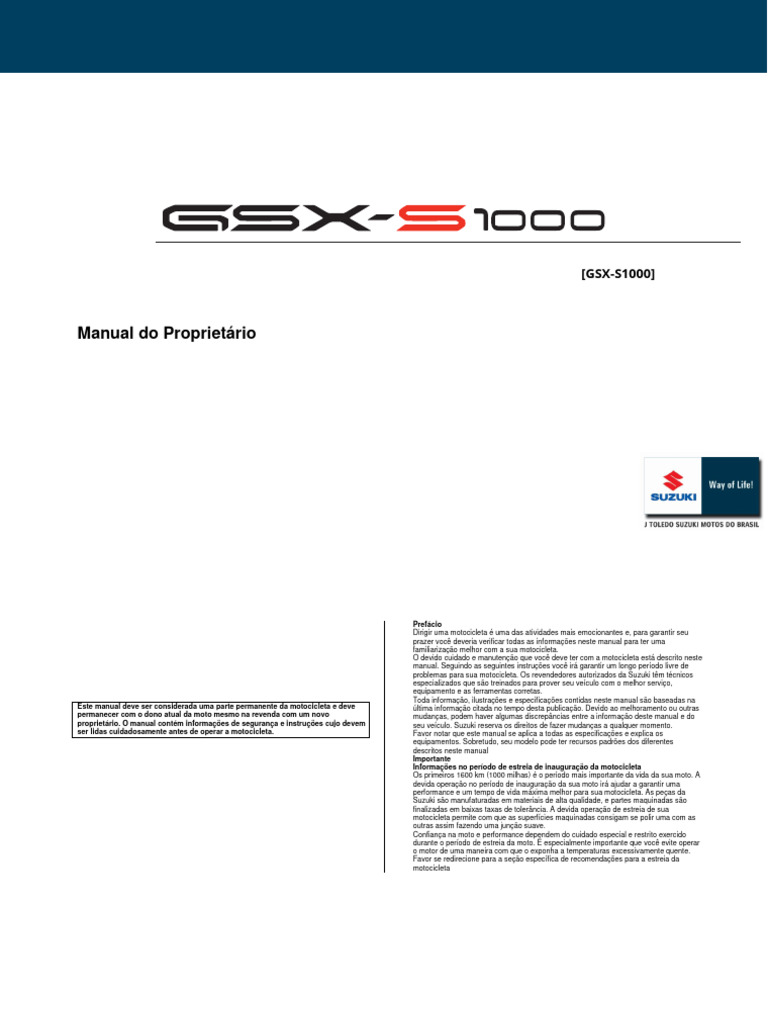 Manual Do Proprietario Suzuki GSX S1000 | Download grátis PDF | Freios ABS | Motocicleta