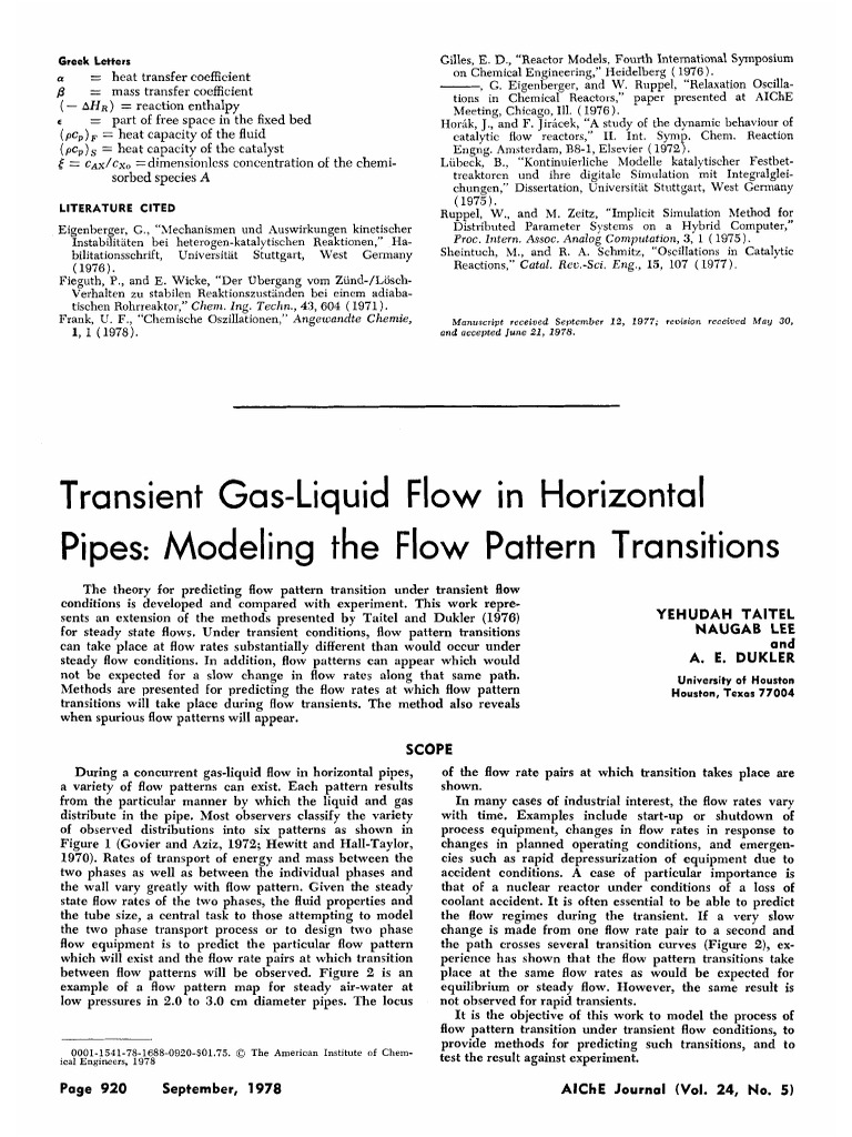 1978transient Gas Liquid Flow in Horizontal Pipes Modeling The Flow Pattern Transitions ...