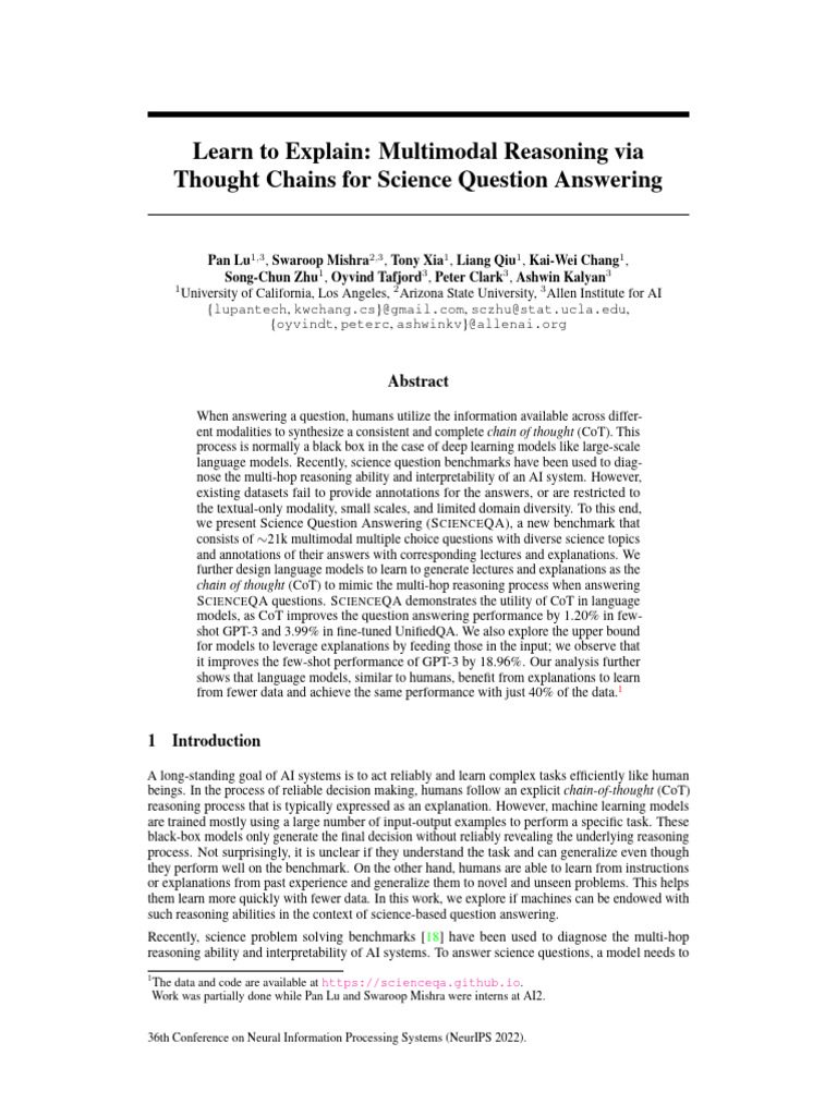 NeurIPS 2022 Learn To Explain Multimodal Reasoning Via Thought Chains For Science Question ...