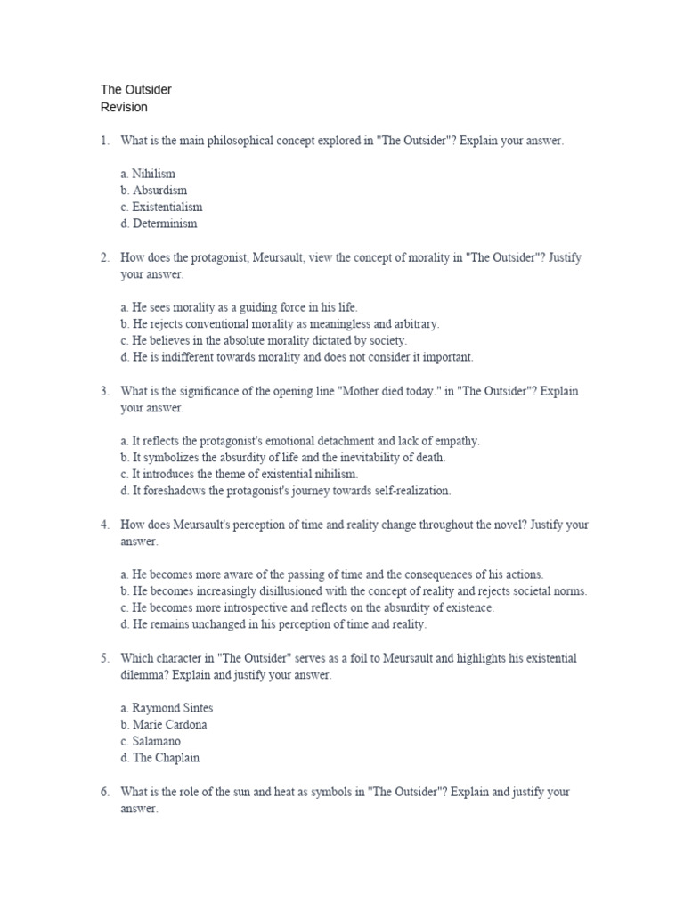 The Outsider Revision Quiz | PDF | Meaning Of Life | Applied Philosophy