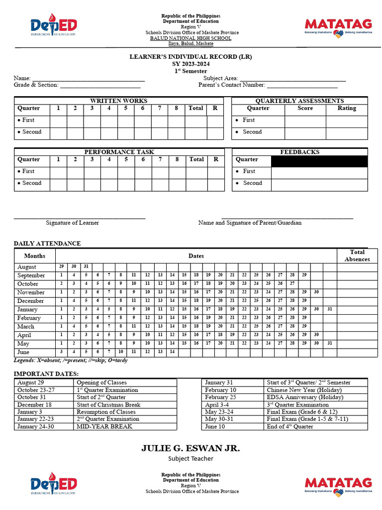 Individual Learner's Record (LR) | PDF | Academic Term | Schools
