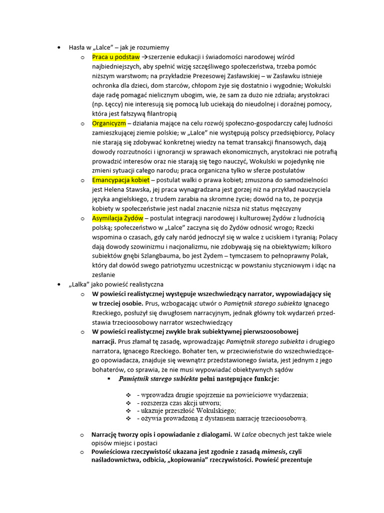 Hasła W Lalce I Lalka Jako P. Realistyczna 2 | PDF