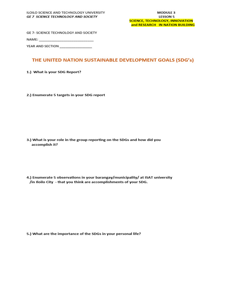 Worksheet On SDG Report | PDF